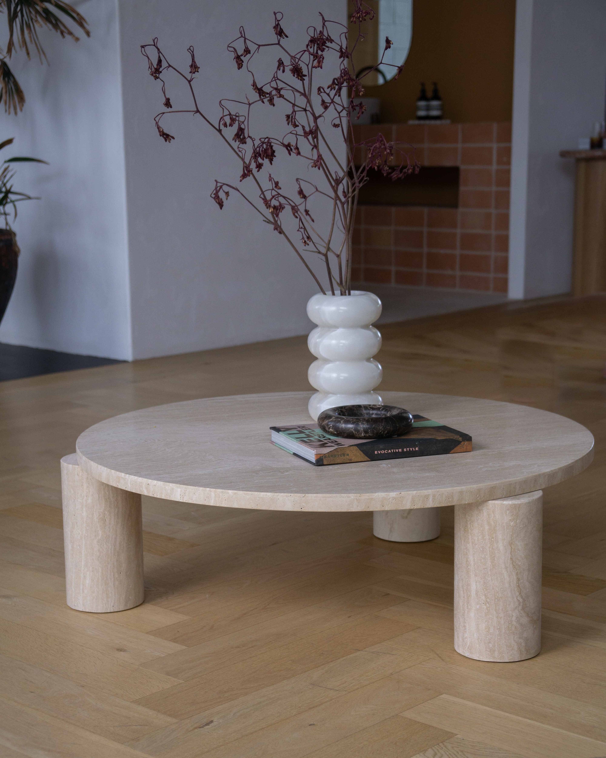 Round Marble Coffee Table - Cream Travertine | Fleur Studios